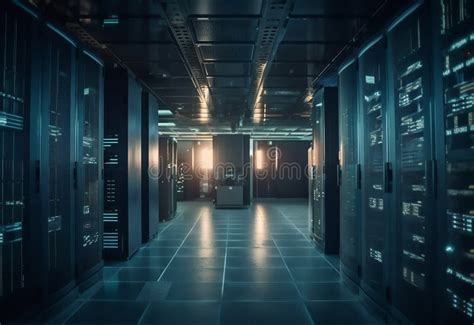 Shot Of Data Center With Multiple Rows Of Fully Operational Server