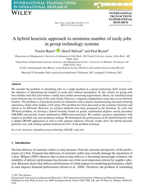 Pdf A Hybrid Heuristic Approach To Minimize Number Of Tardy Jobs In Group Technology Systems