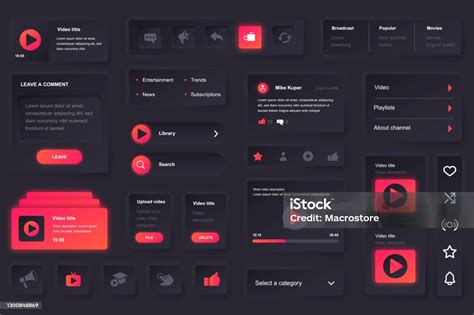 비디오 튜브 모바일 앱의 사용자 인터페이스 요소입니다 독특한 호형성 디자인 Ui Ux Gui Kit 요소 템플릿 노이모티즘 스타일 다른 형태 구성 요소 버튼 메뉴 비디오