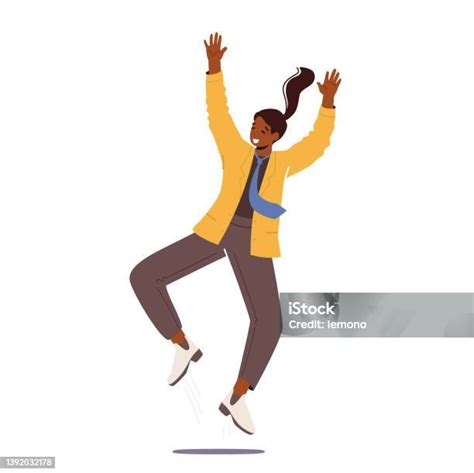 손을 흔들고 기뻐하고 점프하는 행복한 여성 캐릭터 사무실 여자는 성공을 축하 쾌활한 소녀 긍정적 인 감정 감정에 대한 스톡 벡터