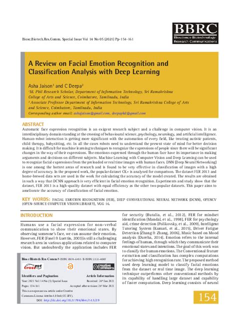 Pdf A Review On Facial Emotion Recognition And Classification Analysis With Deep Learning