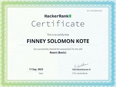 Finney Solomon On Linkedin Reactjs Webdevelopment Certificationachieved Hackerrank
