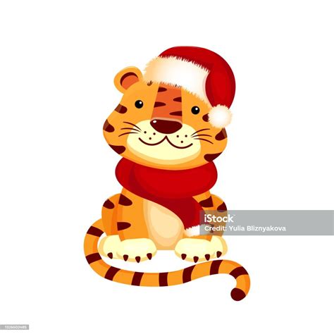 겨울 옷 모자 스카프 흰색 배경에 고립 된 호랑이 새끼의 귀여운 그림 2022년에 대한 스톡 벡터 아트 및 기타 이미지 2022년 가공의 인물 겨울 Istock