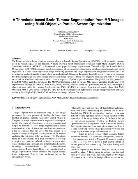 Pdf A Threshold Based Brain Tumour Segmentation From Mr Images Using Multi Objective Particle