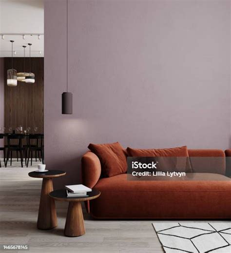 거실에 빨간 소파 커피 테이블 램프 및 장식이 있는 홈 인테리어 모형 3d 렌더링 0명에 대한 스톡 사진 및 기타 이미지 0