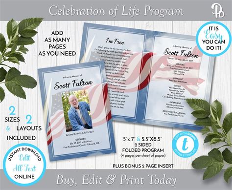 Patriotic Funeral Program Template Obituary Order Of Service Etsy