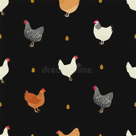 Chicken Breeds Black Background Seamless Pattern Flat Vector Illustration Stock Vector