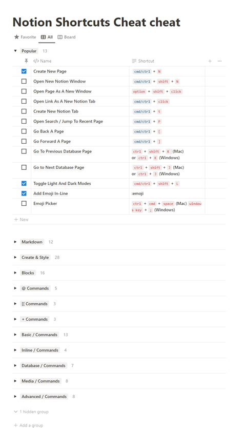 Notion Shortcuts Cheat Sheet