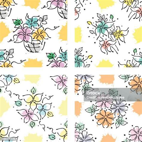 원활한 벡터 손으로 그린 꽃 패턴의 설정 꽃 잎 스플래시 방울 끝 없는 배경 인쇄 자리 라인 드로잉 그래픽 일러스트 레이 션