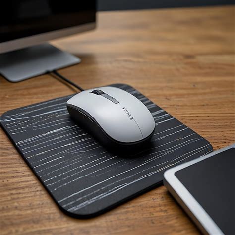A White Wired Computer Mouse Placed On A Grey Ergonomic Mouse Pad Premium Ai Generated Image