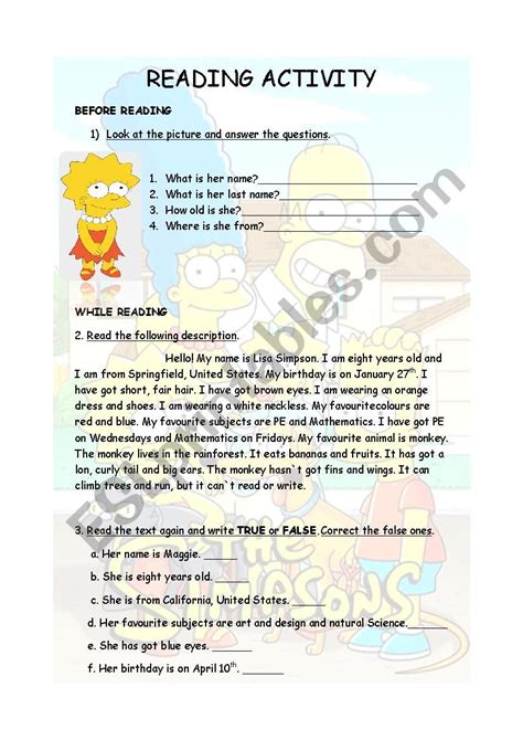 Reading Activity Lisa Simpson Esl Worksheet By Pamelasanchez