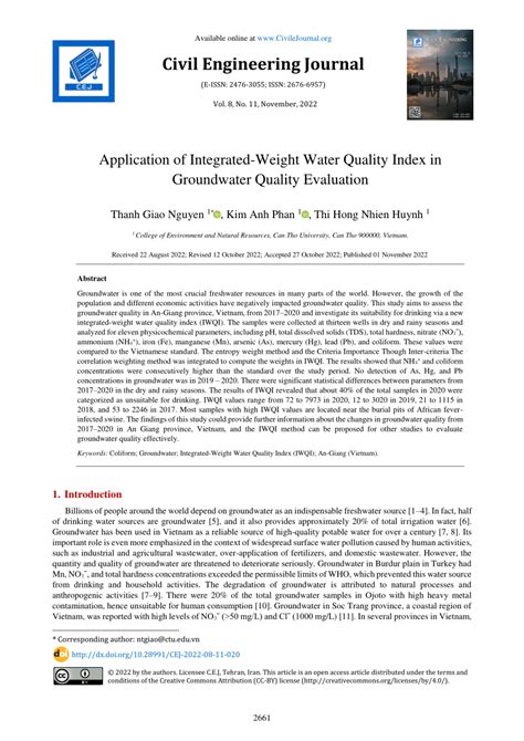 Pdf Application Of Integrated Weight Water Quality Index In Groundwater Quality Evaluation
