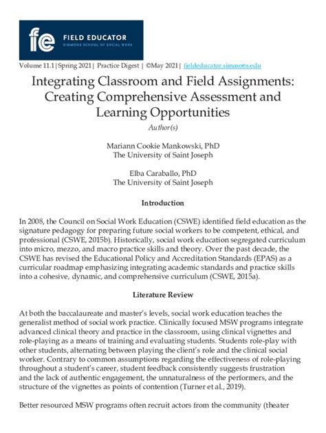 Fillable Online Integrating Classroom And Field Assignments Fax Email