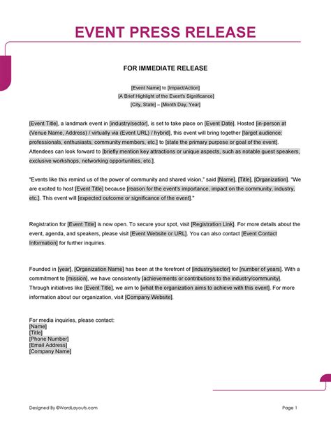 Award Announcement Press Release Template Wordlayouts