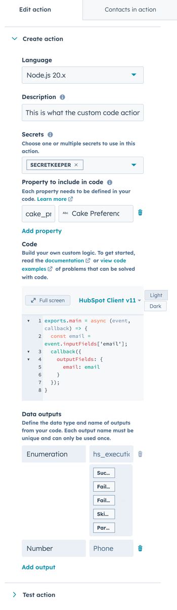 workflows custom code actions hubspot docs