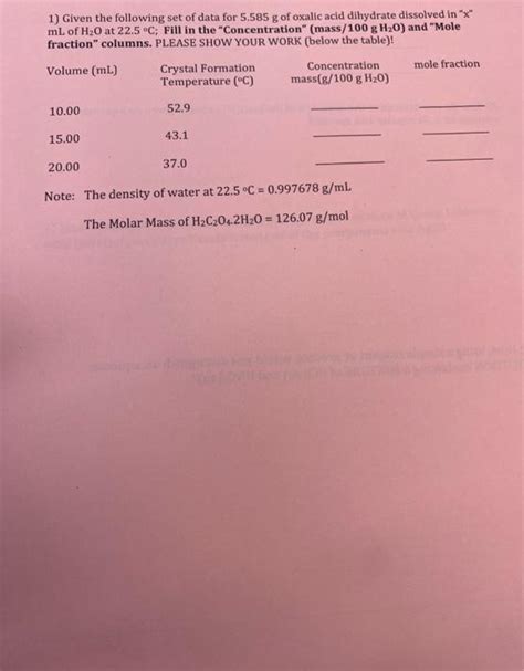solved 1 given the following set of data for 5 585 g of