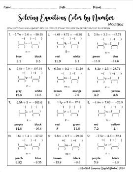 Solving Equations Color By Number Activity Modified Version Included