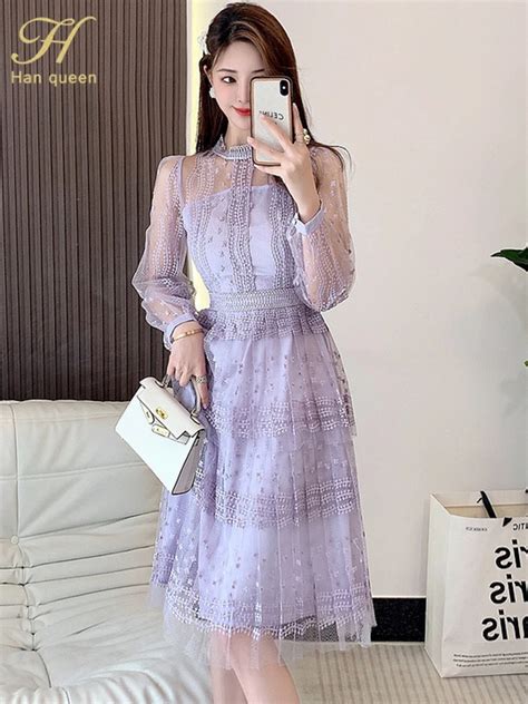 H Han Queen 여성용 레트로 레이스 드레스 슬림 O 넥 패치워크 메쉬 자수 파티 캐주얼 드레스 한국 패션 봄 신상