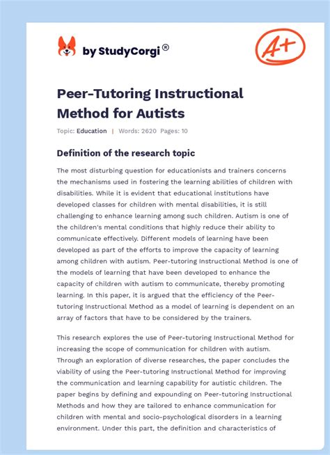 Peer Tutoring Instructional Method For Autists Free Essay Example
