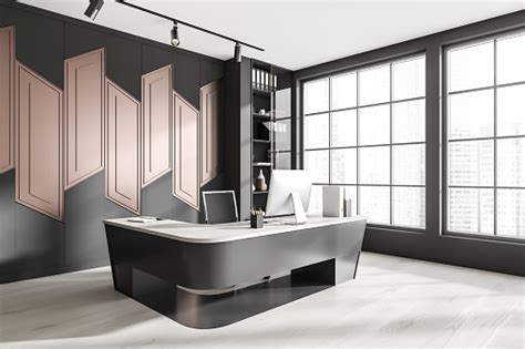 책상 컴퓨터 및 파노라마 창문이있는 사무실 관리자 실 인테리어 0명에 대한 스톡 사진 및 기타 이미지 0명 3차원 형태 가구 Istock