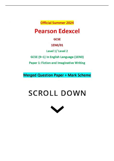 Official Summer 2024 Pearson Edexcel Gcse 1en001 Level 1 Level 2 Gcse