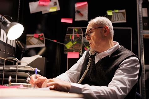 Premium Photo Elderly Private Investigator Talking At Landline Phone Discussing Confidential