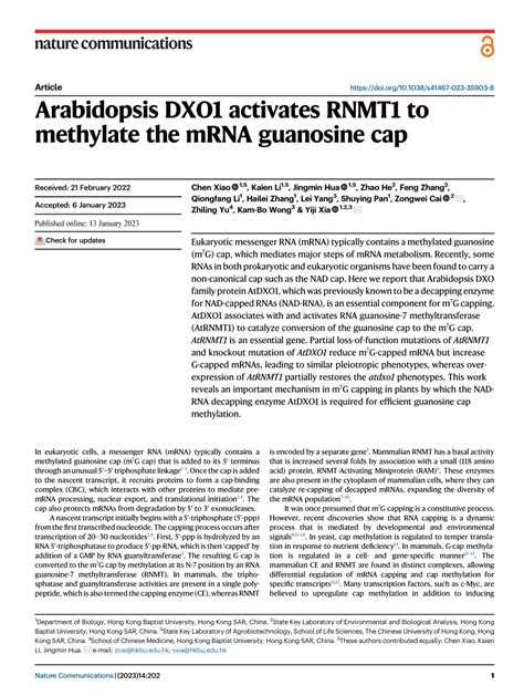 pdf arabidopsis dxo1 activates rnmt1 to methylate the mrna guanosine cap