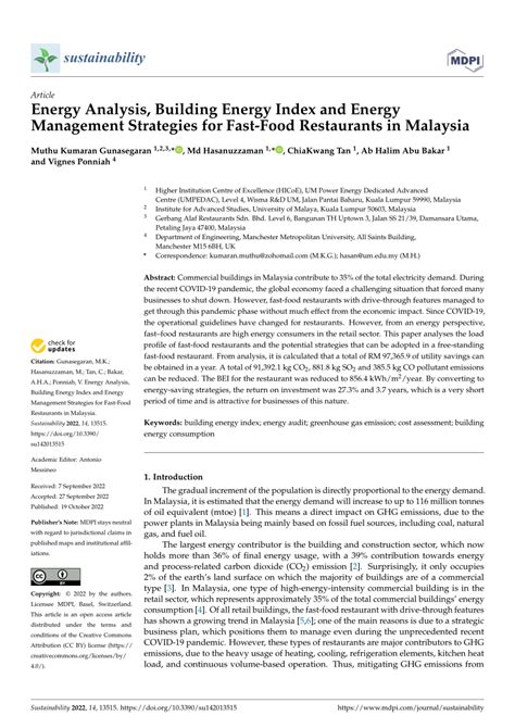 Pdf Energy Analysis Building Energy Index And Energy Management Strategies For Fast Food