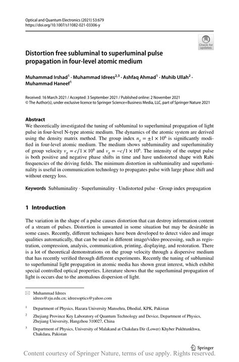 Distortion Free Subluminal To Superluminal Pulse Propagation In Four Level Atomic Medium