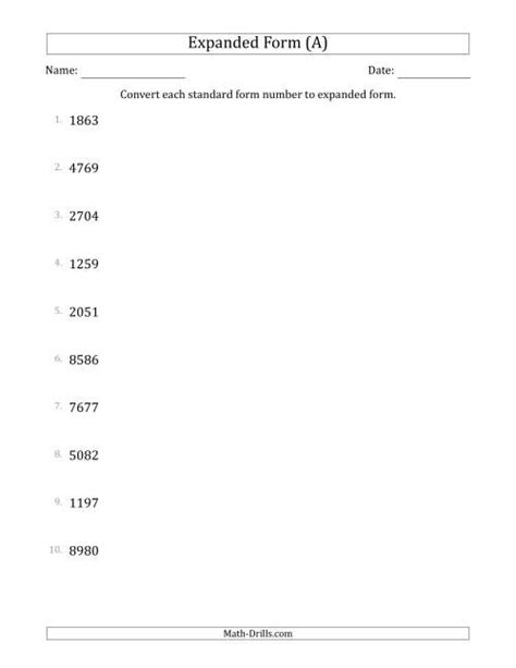 converting standard form numbers to expanded form 4 digit numbers a