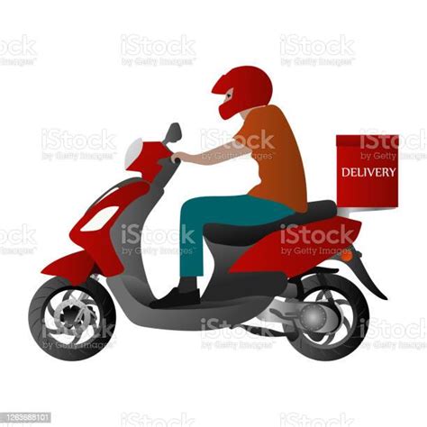 음식 배달 남자 또는 택배 빨간 스쿠터를 타고있다 모터 바이크 다채로운 일러스트레이션 흰색 격리 된 배경에 스톡 벡터 그림 3차원 형태에 대한 스톡 벡터 아트 및 기타