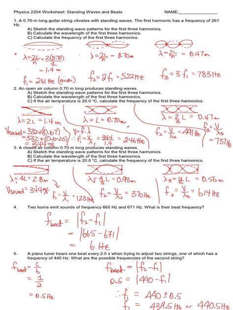 Physics 2204 Worksheet Standing Waves And Beats Answers2 Pdf