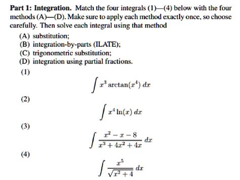 SOLVED Part I Integration Match The Four Integrals 1 4 Below With The Four Methods A