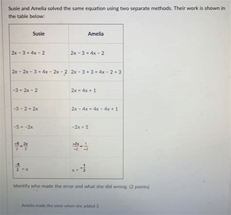 Solved Susie And Amelia Solved The Same Equation Using Two Separate Methods Their Work Is