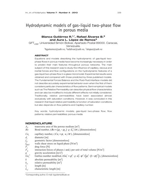 PDF Hydrodynamic Models Of Gas Liquid Two Phase Flow In Porous Media