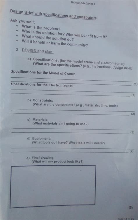 Solved Technology Grade 7 Design Brief With Specifications And Constraints Ask Yourself What