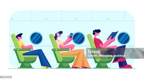 비행기로 여행하는 사람들 편안한 좌석에 앉아 젊은 남자와 여자 휴식 음악을 듣고 비행기 보드 항공 운송 서비스 여행 만화 플랫 벡터 일러스트 개념에 대한 스톡 벡터 아트 및