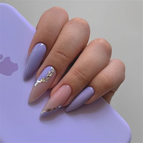 Purple Press On Nails Silver Fake Nails Almond Press On Nail Art