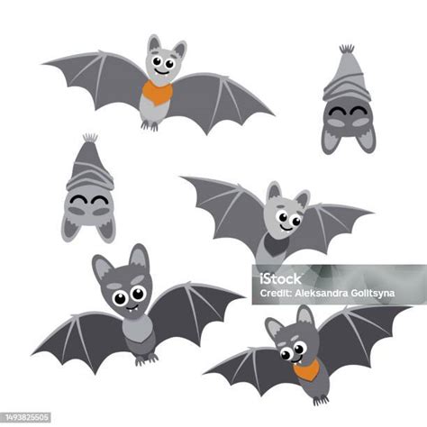 Set Of Bats Funny Cute Bats Clip Art Flat Cartoon Vector Stock