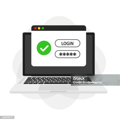 로그인 및 암호가있는 랩톱이 화면에 페이지를 형성합니다 계정 로그인 사용자 인증 페이지 개념 로그인 인증 사용자 이름 암호 필드