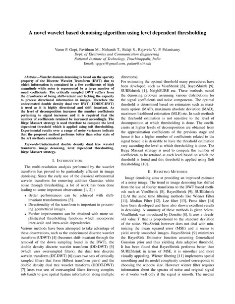 Pdf A Novel Wavelet Based Denoising Algorithm Using Level Dependent