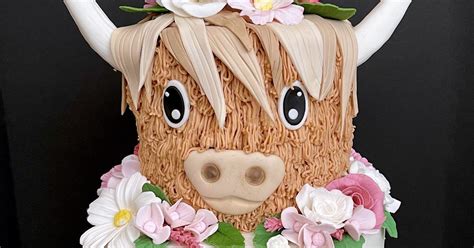 Highland Cow Cake With Flowers In 2024 Cow Cakes Highland Cow Flower Cake