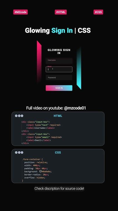 responsive glowing sign in page html css neon effects mzcode01 loginform coding shorts