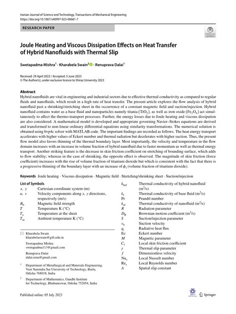 Pdf Joule Heating And Viscous Dissipation Effects On Heat Transfer Of