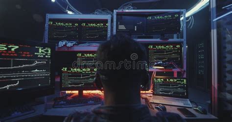 hacker using computer with multiple monitors stock footage video of
