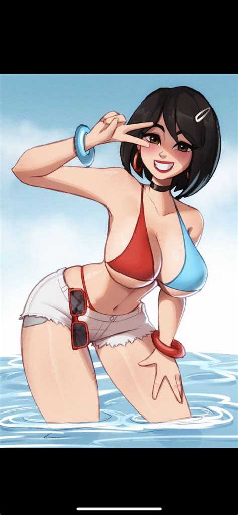 Rule 34 Beach Bikini Bikini Top Black Hair Bracelet Brown Eyes Choker Cleavage Evie Fortnite