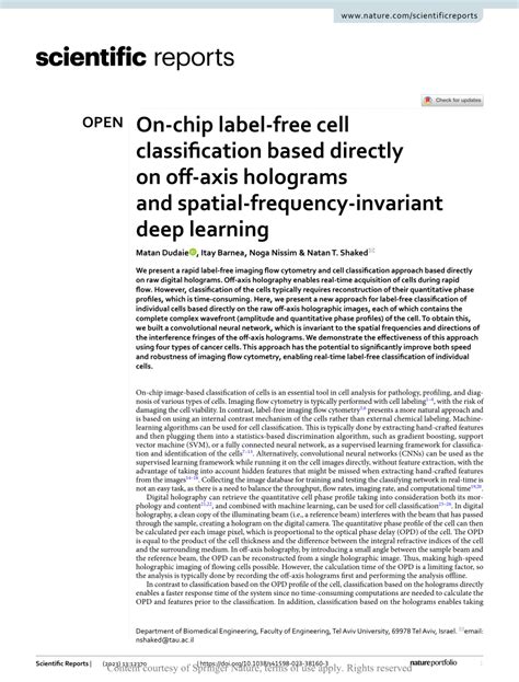 Pdf On Chip Label Free Cell Classification Based Directly On Off Axis Holograms And Spatial