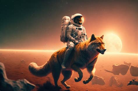 Astronaut Riding Wolf On Mars Landscape Concept Of Orange Light On Outer Stock Illustration