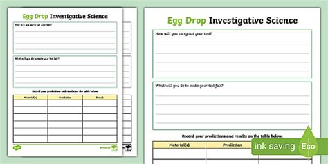 Egg Drop Investigative Science Worksheet Recording Sheet