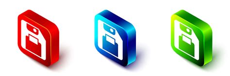 흰색 배경에서 격리된 컴퓨터 데이터 저장 아이콘용 플로피 디스크입니다 디스켓 기호입니다 빨간색 파란색 및 녹색 사각형 버튼 벡터 3차원 형태에 대한 스톡 벡터 아트 및 기타